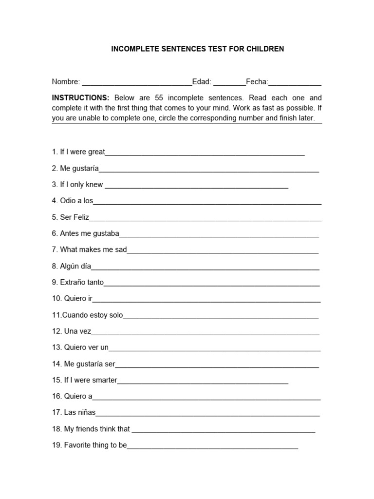 Sacks Incomplete Sentences Test - Children | PDF Sacks Incomplete Sentences Test - Children | PDF