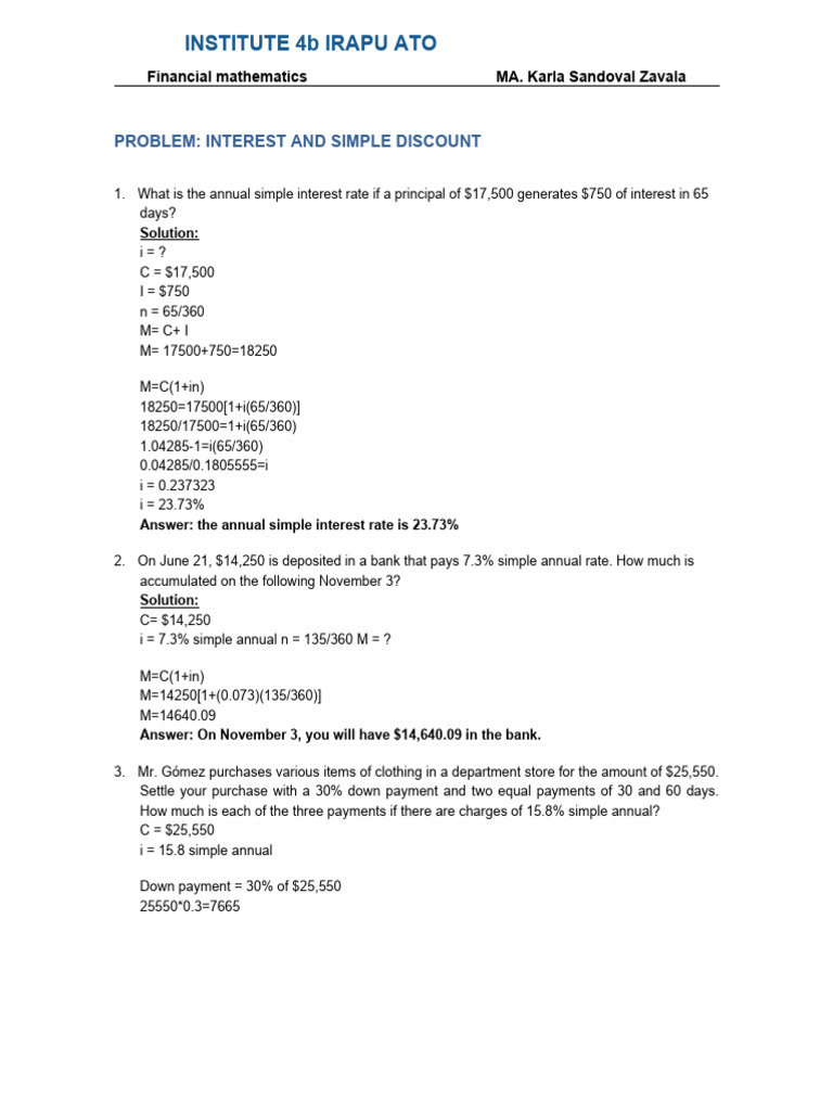 Simple Interest Problem Solved | PDF | Discounting | Interest