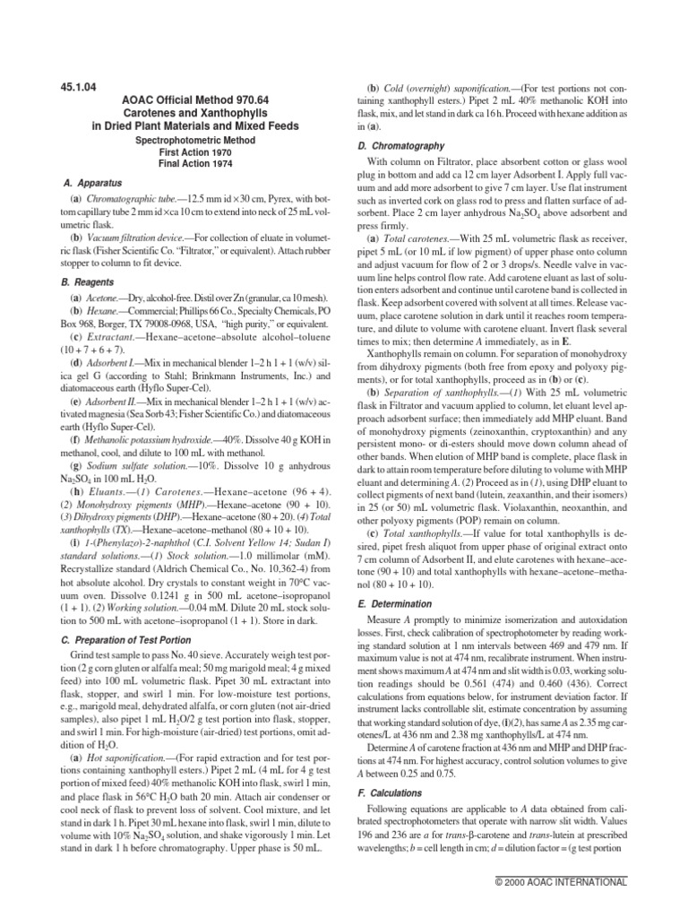 45.1.04 AOAC Official Method 970.64 Carotenes and Xanthophylls in Dried ...