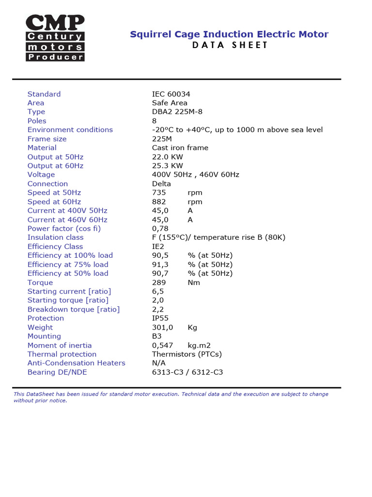 CMP Motor DataSheet 8P, 22Kw B3 IE2 | PDF