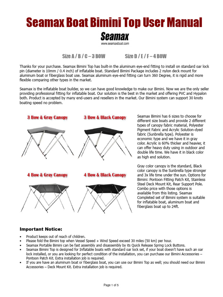 Seamax Bimini Top User Manual - Seamax 2017 | PDF | Adhesive | Boats