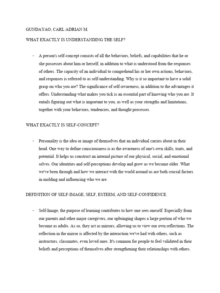 Assignment 1 Understanding The Self and It's Dynamic | PDF | Self Esteem | Self Concept
