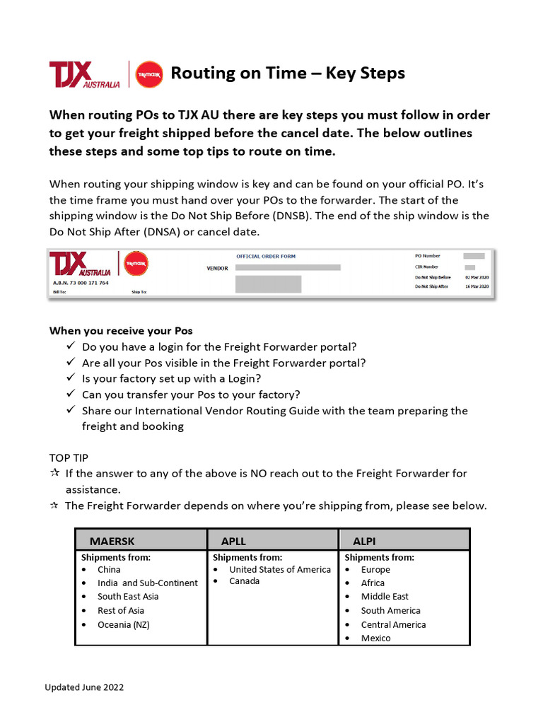 TJX AU Routing On Time - Key Steps 2022 | PDF | Cargo | Freight Transport