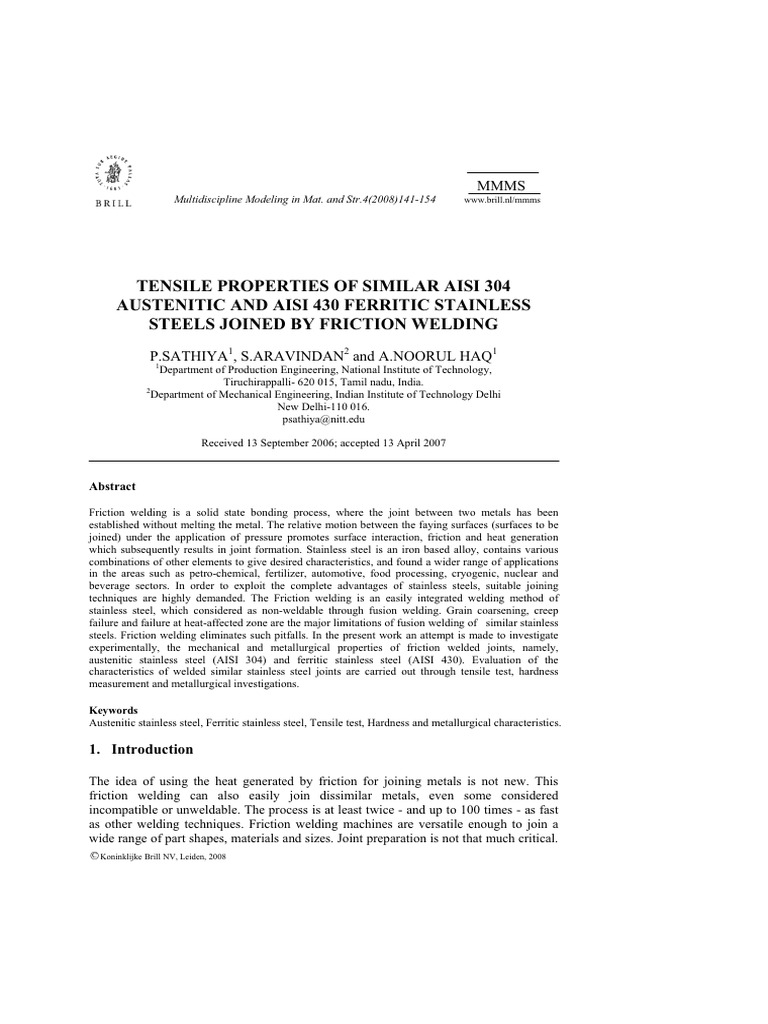 Tensile Properties of Similar Aisi 304 Austenitic and Aisi 430 Ferritic ...