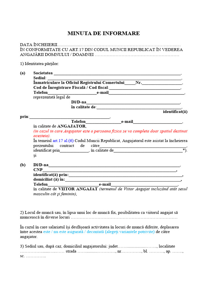 Minuta privind informarea prealabila angajarii, cu desf act in tara ...