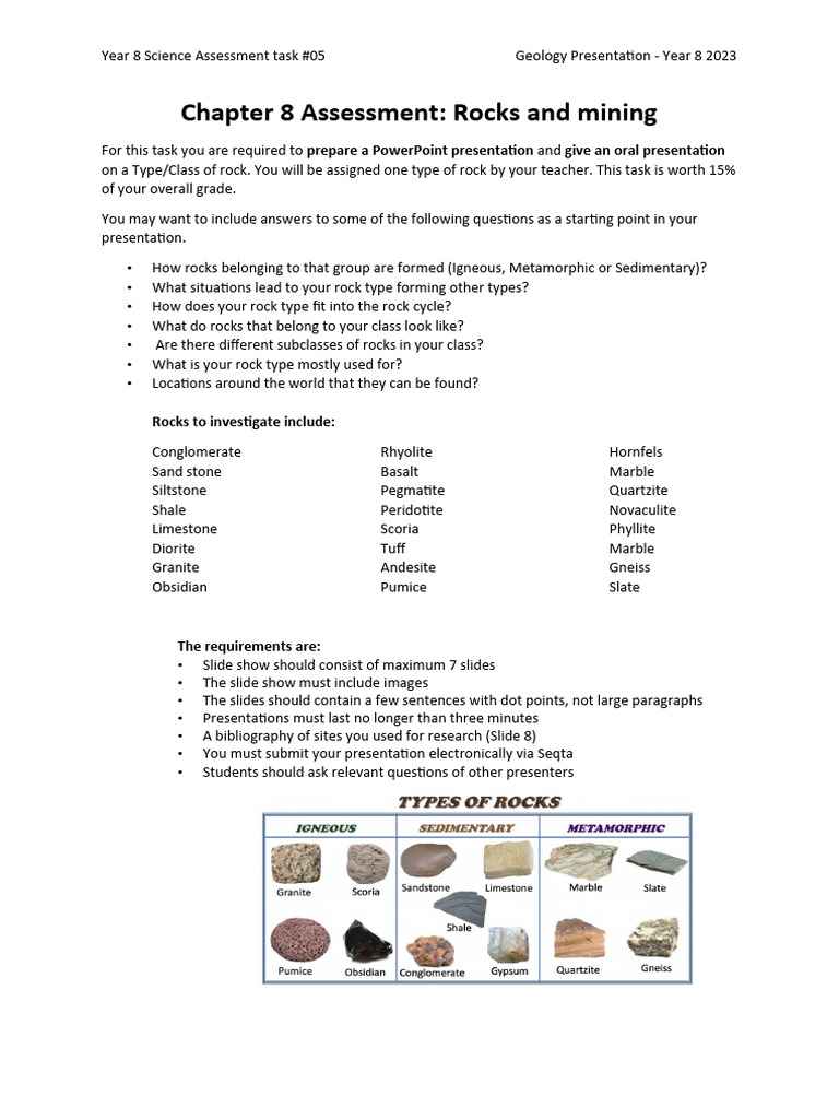 Year 8 Geology Rock Presentation Guide | PDF | Rock (Geology) | Natural ...
