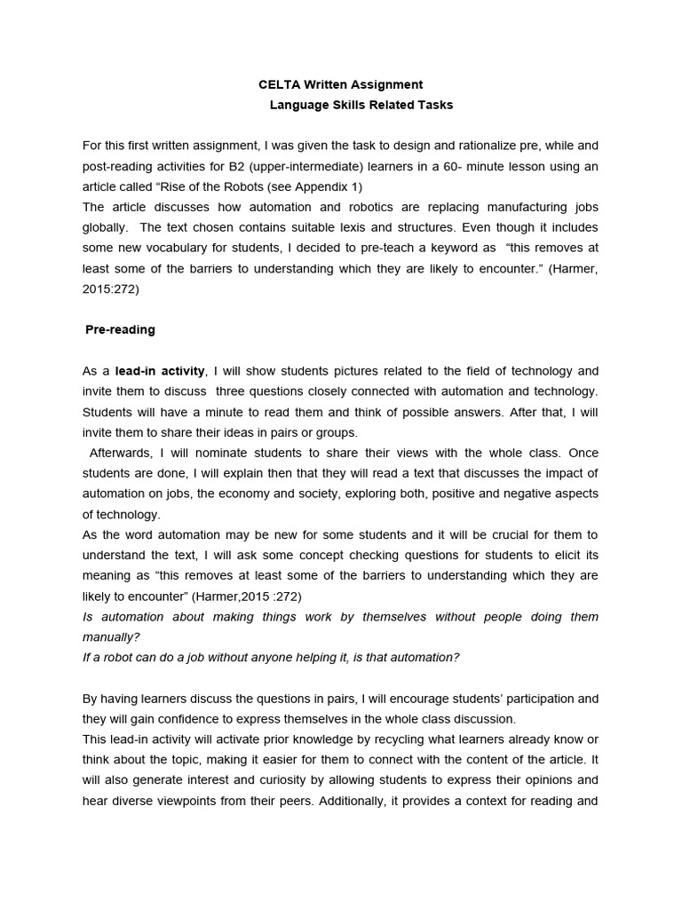 CELTA Written Assignment | PDF | Automation | Robot