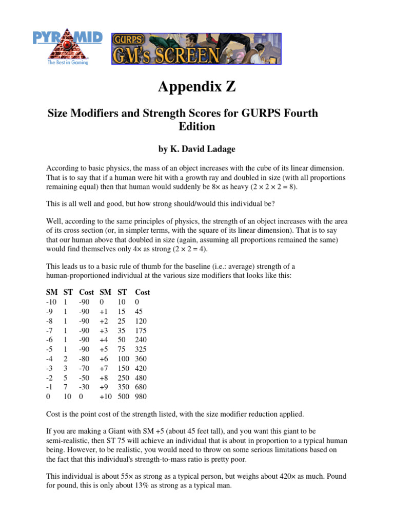 Pyramid - Size Modifiers & Strength Scores For GURPS 4th Ed | PDF