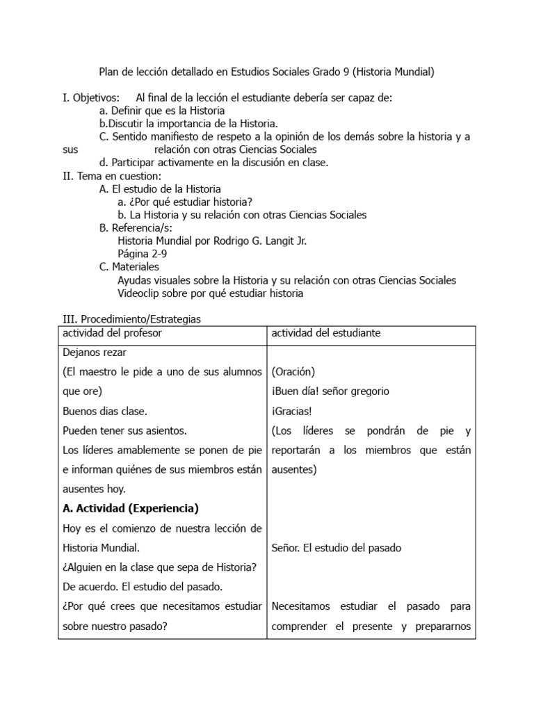 Plan de Lección Detallado en Estudios Sociales | PDF