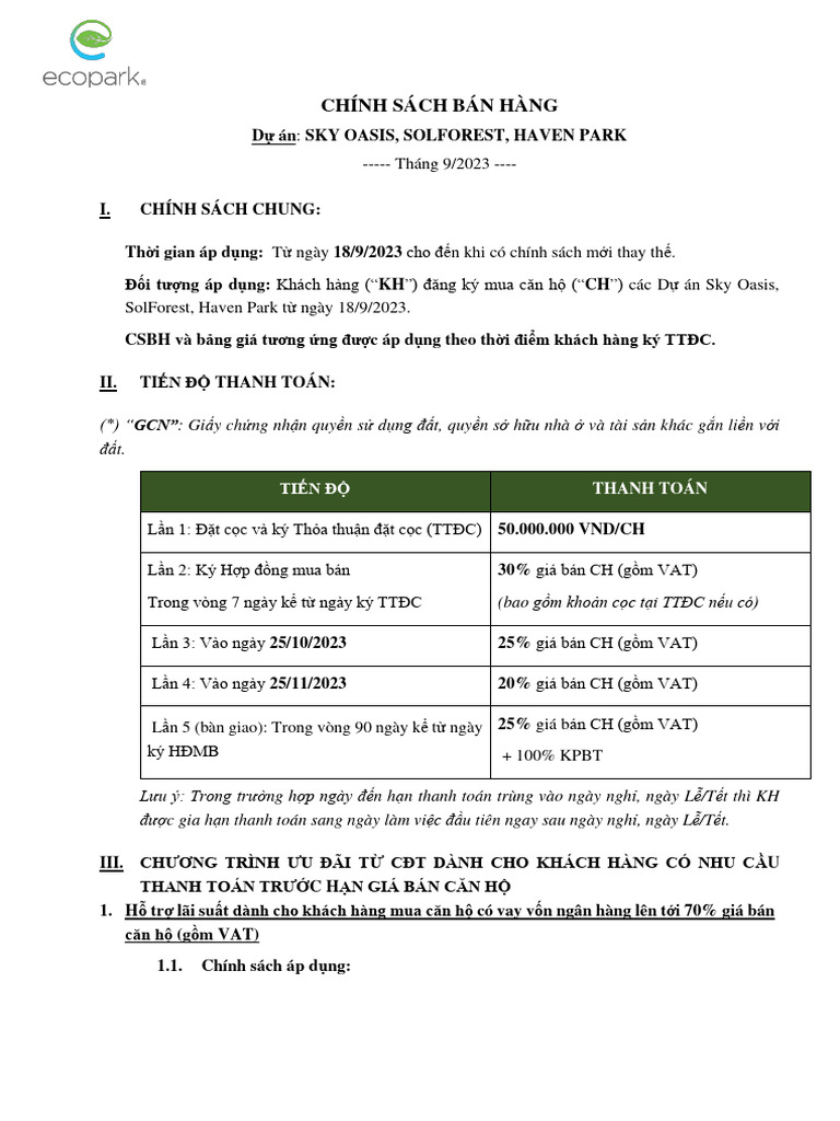 Ecopark-CSBH - Chung Các DA Haven Park, Sky Oasis, Solforest | PDF
