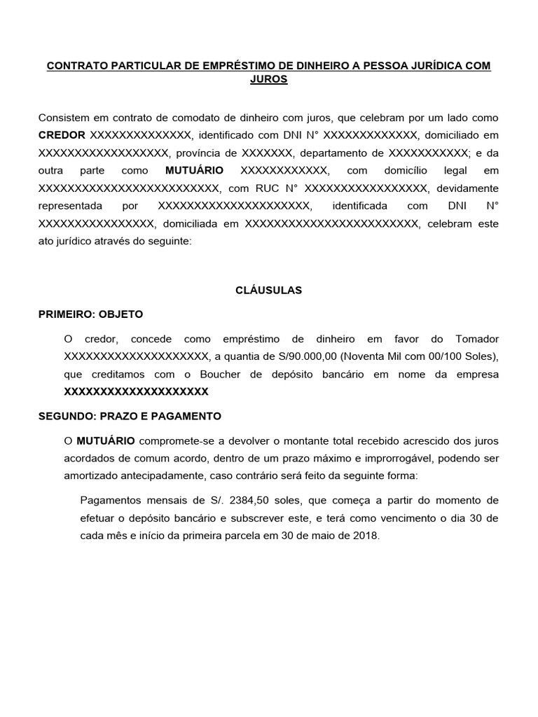 Modelo de Contrato de Empréstimo de Dinheiro para Pessoa Jurídica Juros ...