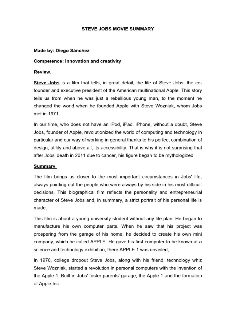 Summary of The Movie - Steve Jobs | PDF | Steve Jobs | Apple Inc.