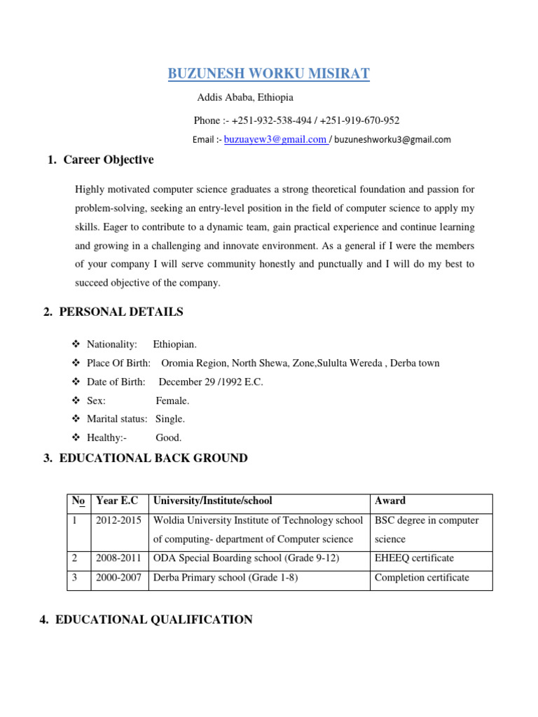 Buzunesh Worku New CV - 013608 | PDF | Ethiopia | Bachelor Of Science