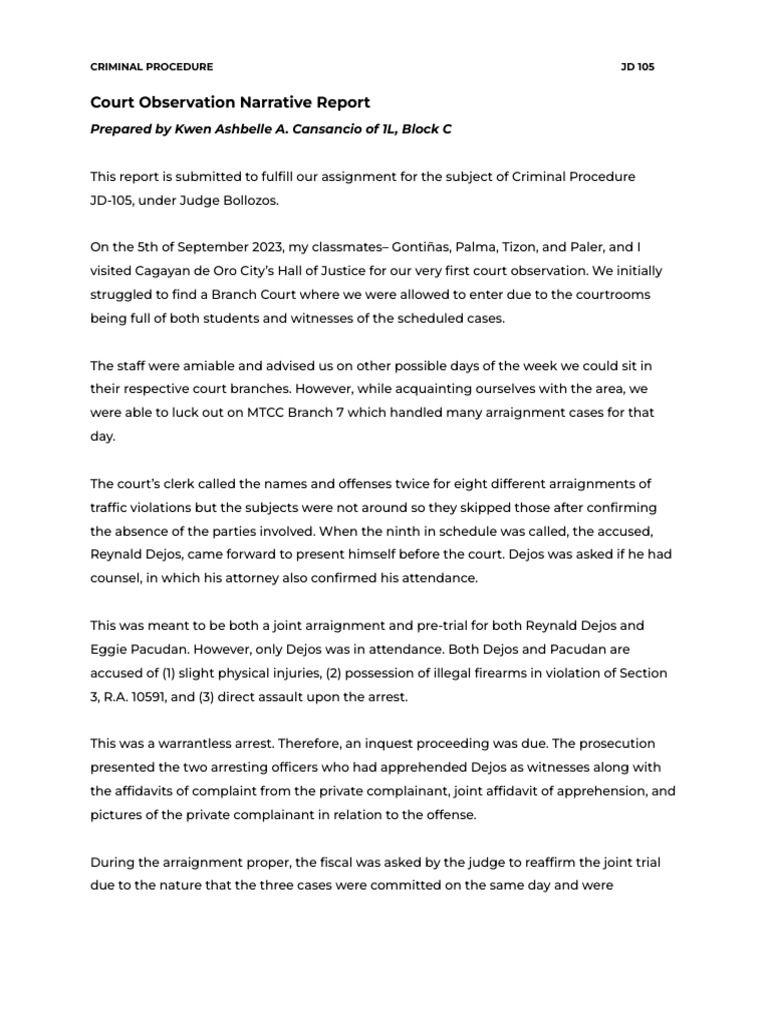 Court Observation JD105 Assignment | PDF | Arraignment | Criminal ...