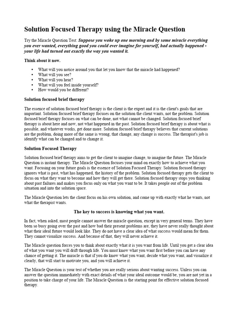 Solution Focused Therapy Using The Miracle Question | PDF | Psychology ...