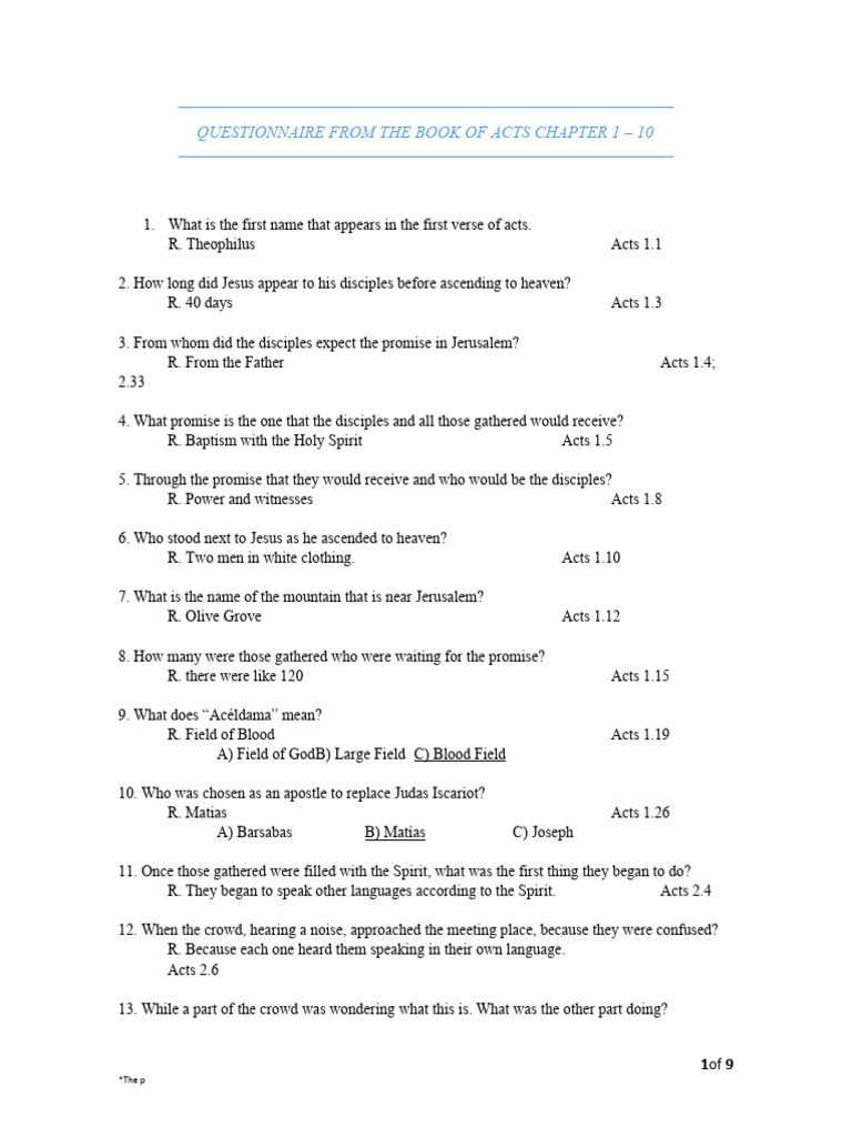Facts Quiz Chapter 1-10 (ELP) | PDF | Acts Of The Apostles | Paul The ...