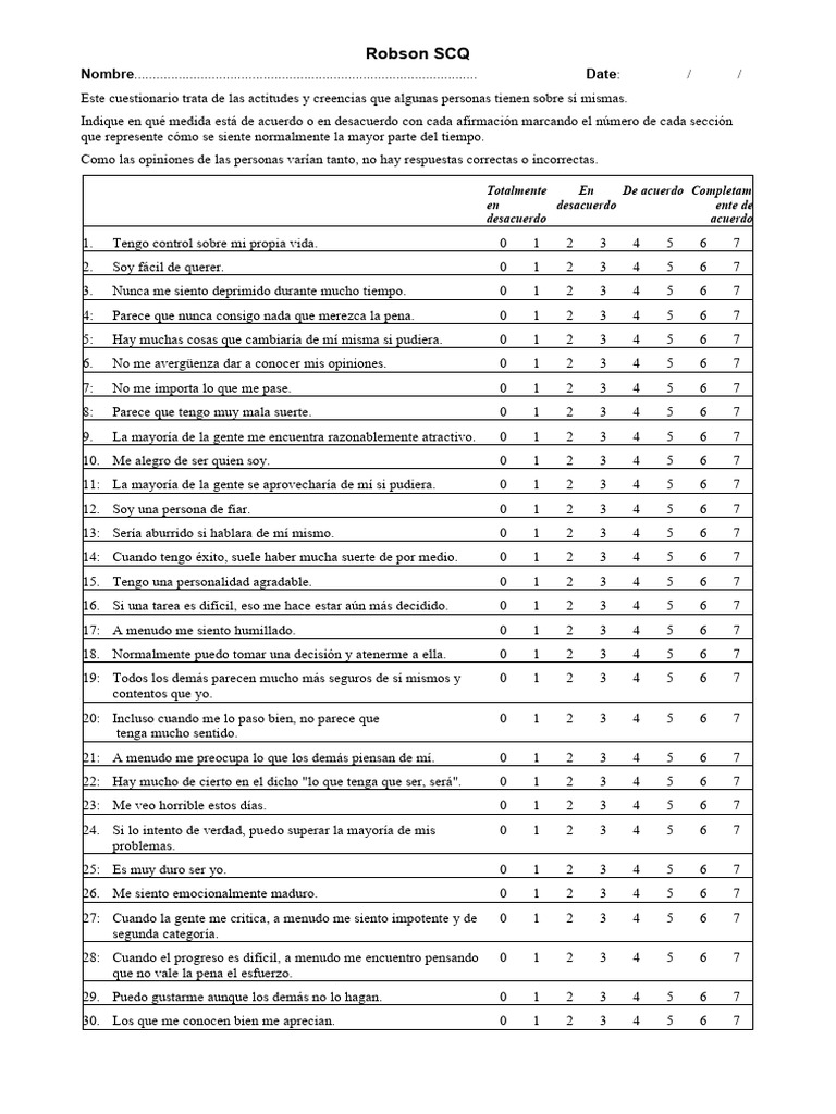 Cuestionario de Autoestima Robson SCQ | PDF | Sicología