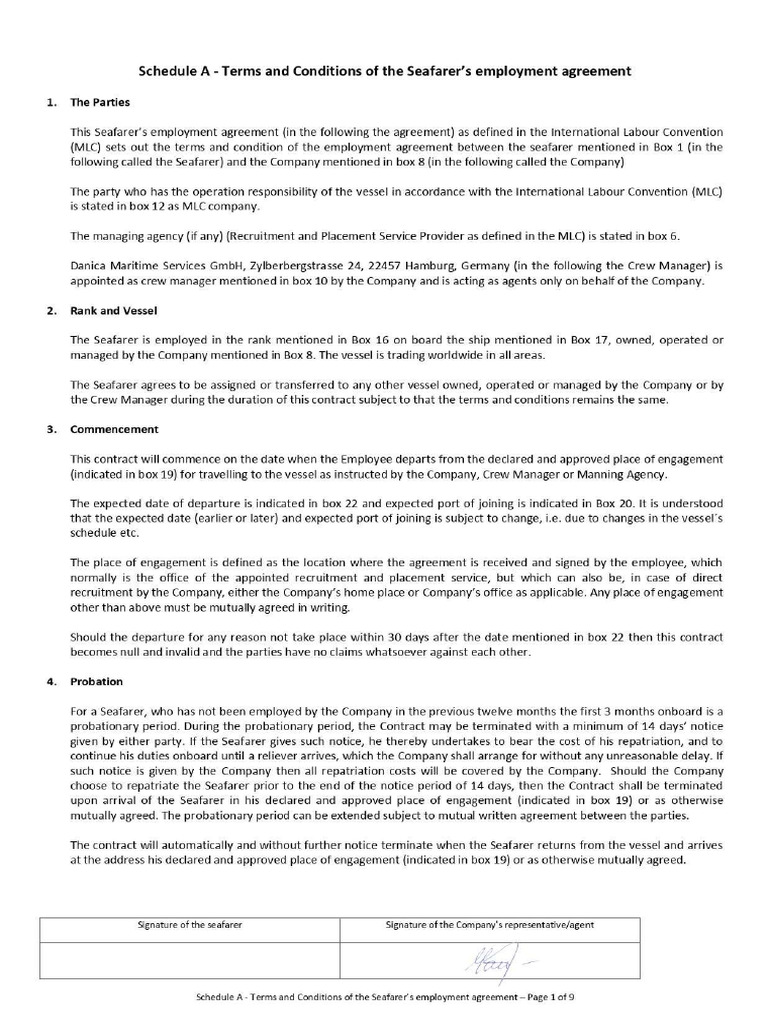 Schedule A Seafarer agreement | PDF