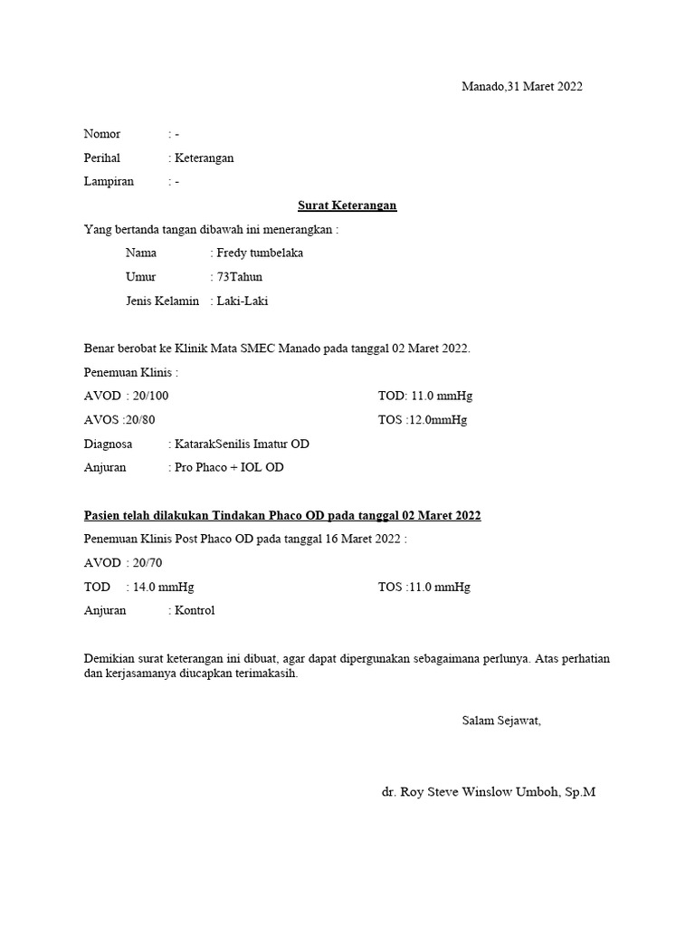 Surat Keterangan Medis Katarak SMEC | PDF | Ilmu Sosial | Sains ...