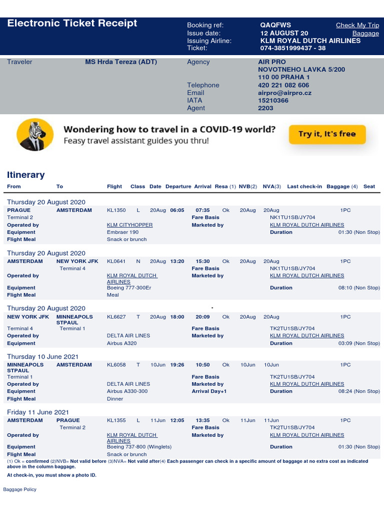 KLM Electronic Ticket Receipt Details | PDF | Transport | Aviation
