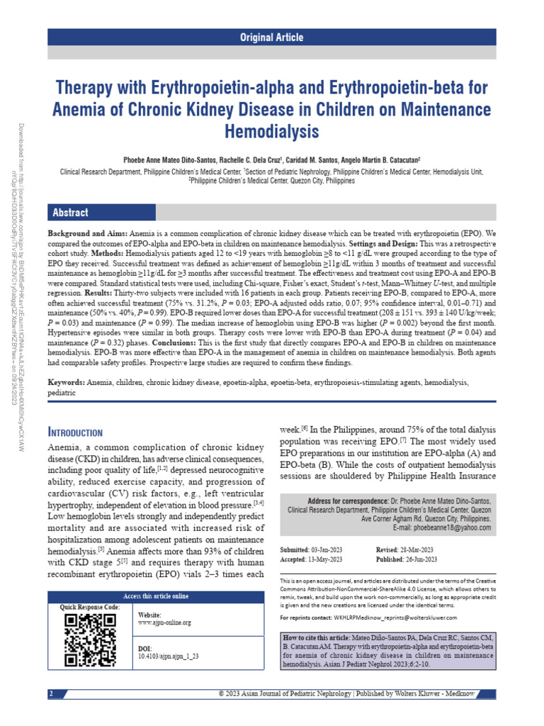 EPO-Alpha vs EPO-Beta for Pediatric Anemia | PDF | Hemodialysis ...