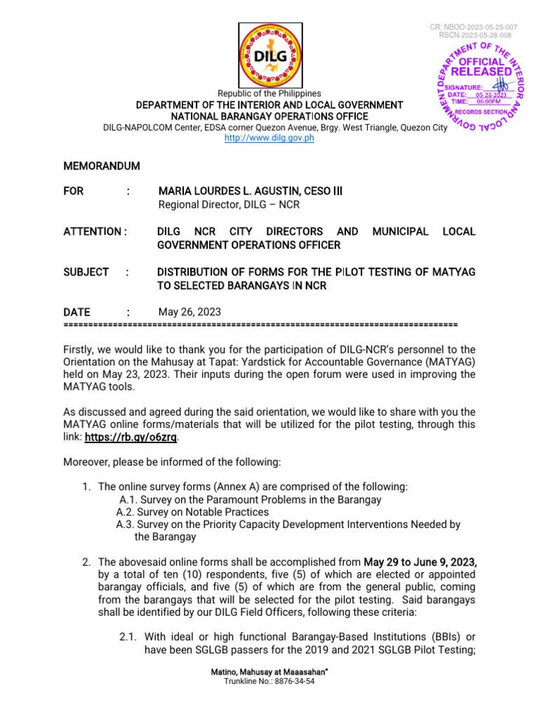 MATYAG Annex B BRVC Checklist | PDF | Government | Governance