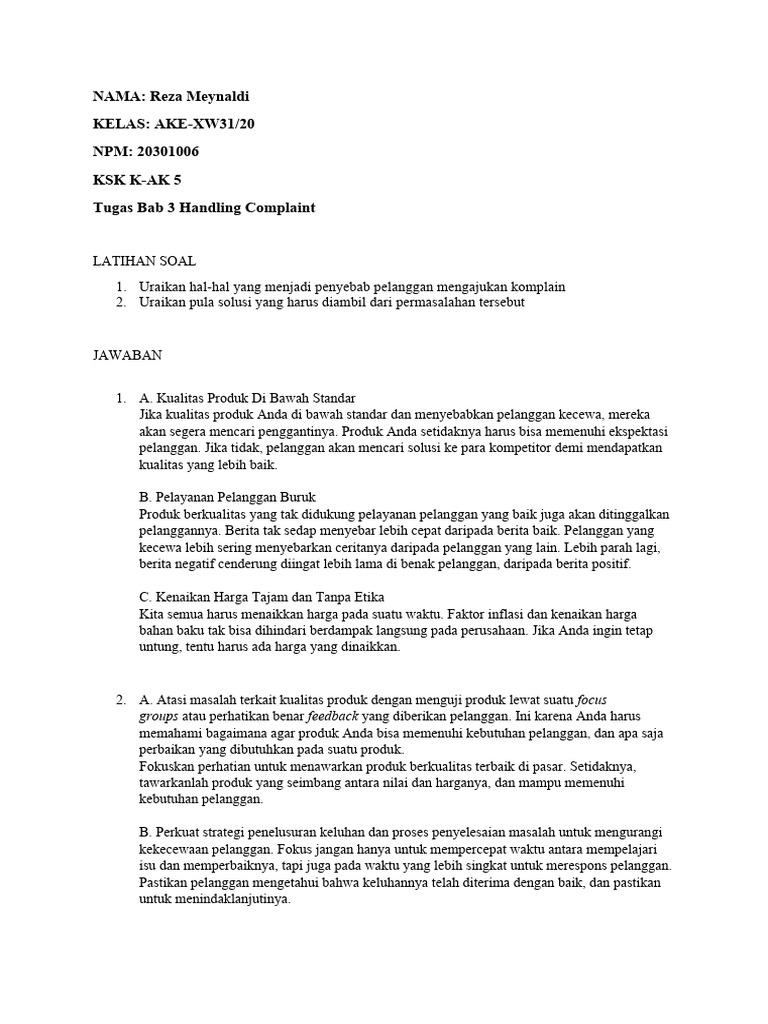 Tugas KSK K-AK5 Bab 3 Handling Complaint | PDF