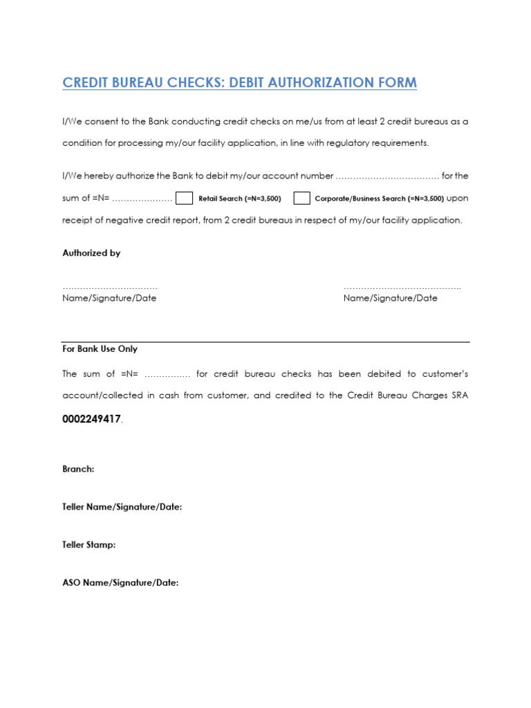 Credit Bureau Check - Debit Authorization Form | PDF