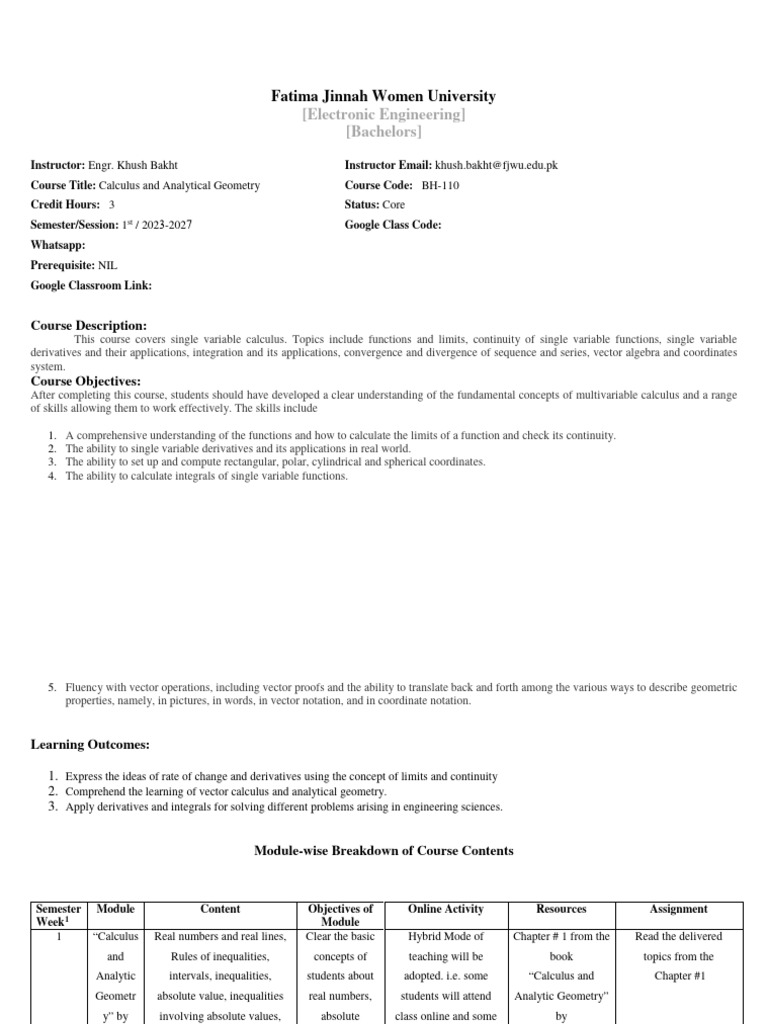 Course Outline Calculus and Analytical Geometry | PDF | Derivative | Geometry