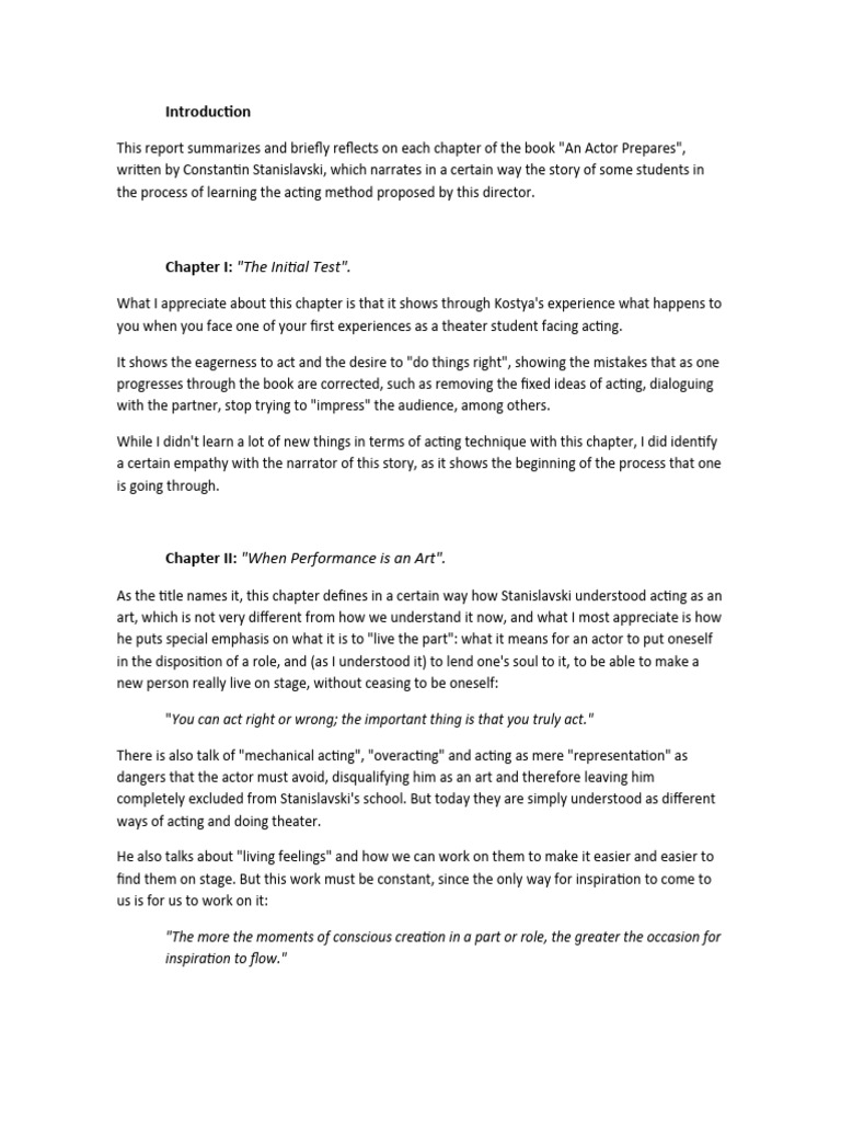Summary and Reflection of The Book An Actor Prepares | PDF | Attention | Psychology