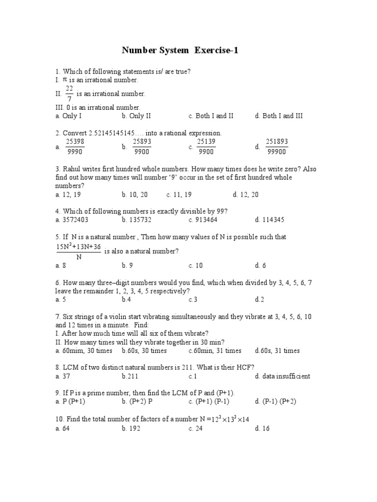 Number System Exercise 1 Numbers Elementary Mathematics