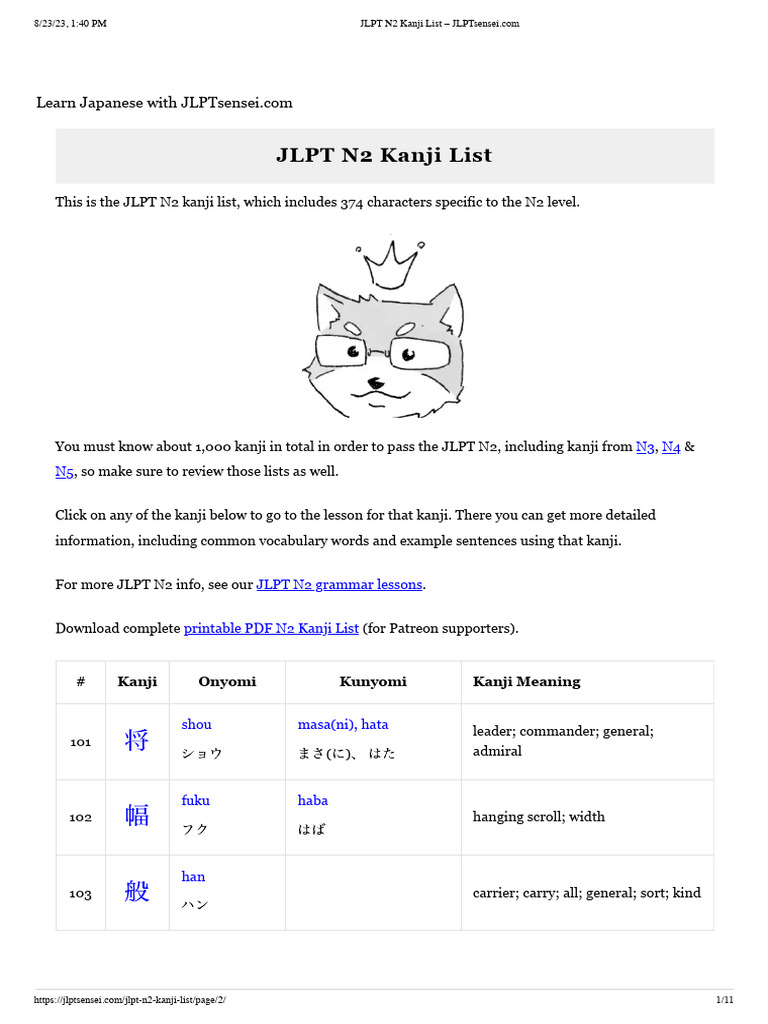2 - JLPT N2 Kanji List | PDF