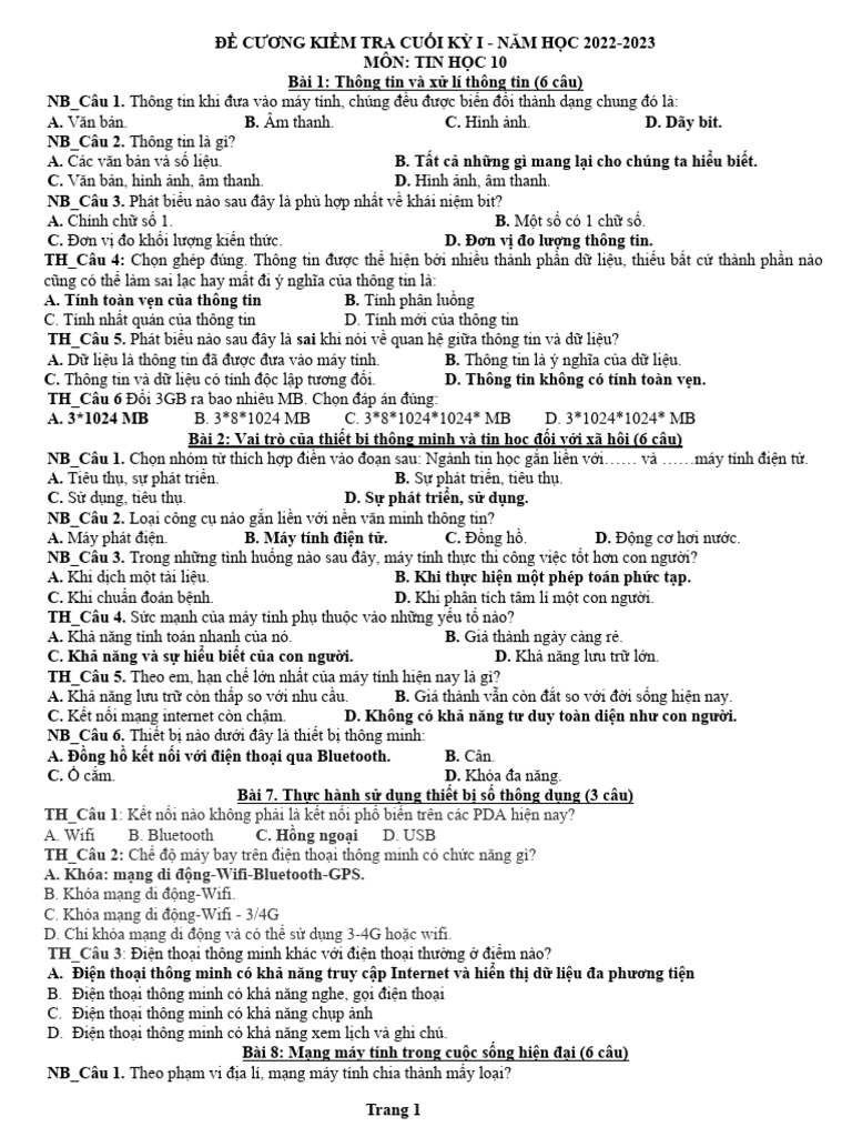 Đề Cương Ôn Tập Tin 10 - 2022-2023 HK1 | PDF