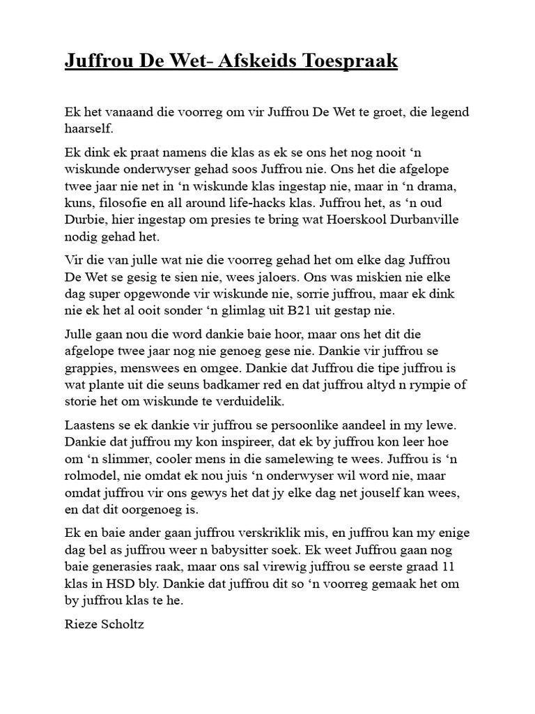 Juffrou De Wet groet speech | PDF