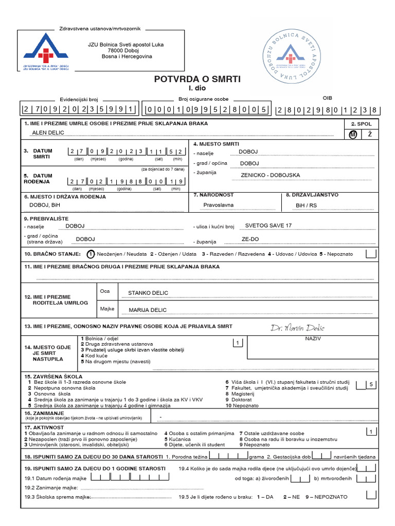 Potvrda O Smrti: Dr. Marvin Dedic | PDF