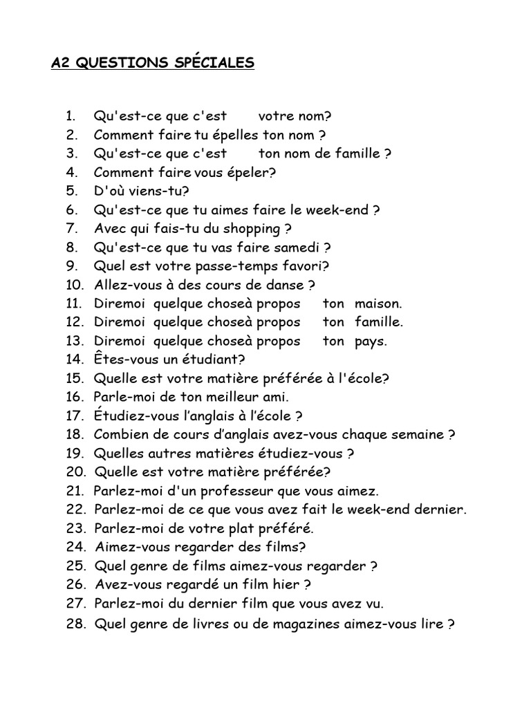 Questions Orales A2 | PDF