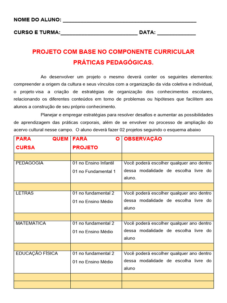 Projeto de Práticas Pedagógicas | PDF | Pedagogia