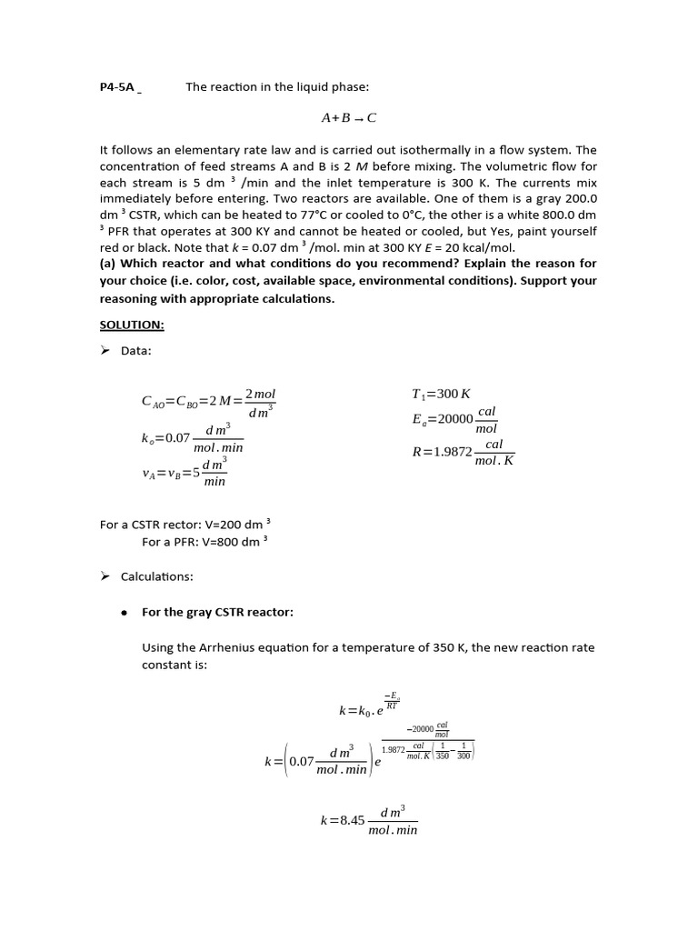 Exercise 4-5 - Fogler | PDF | Chemical Reactor | Chemical Reaction ... Exercise 4-5 - Fogler | PDF | Chemical Reactor | Chemical Reaction ...