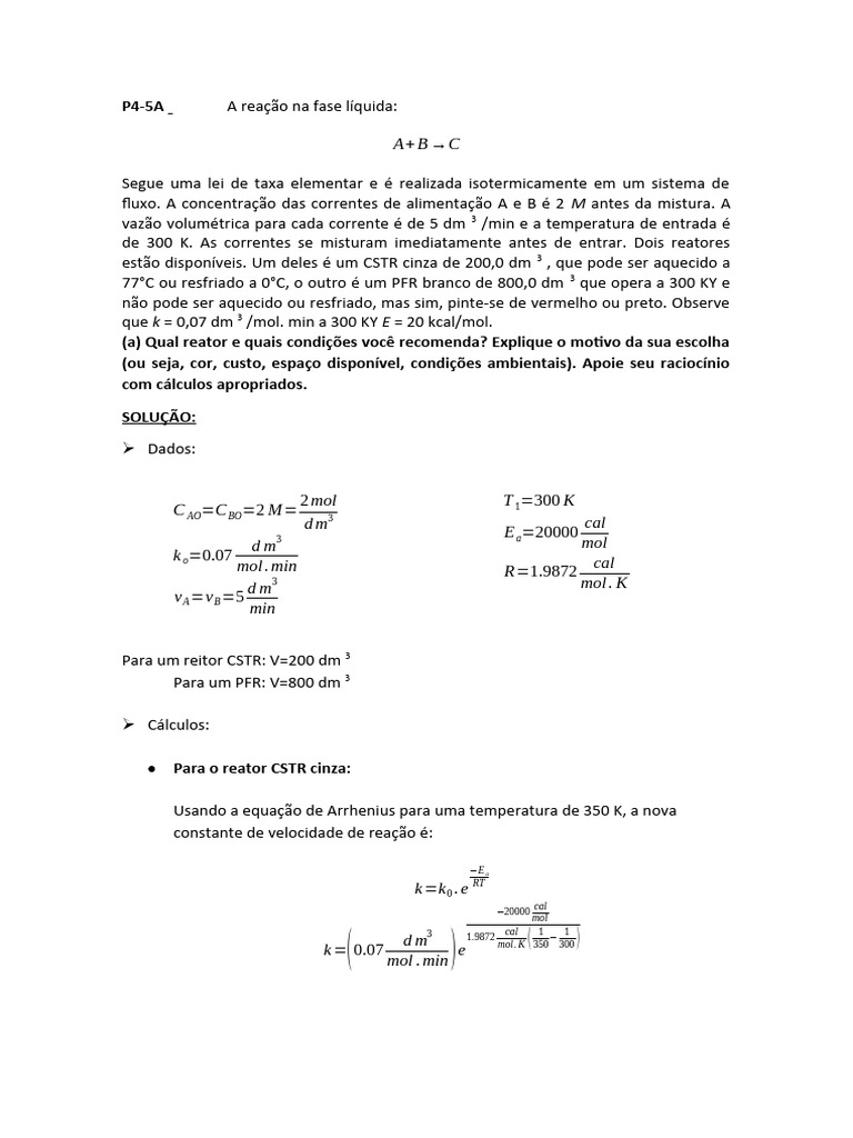 Exercício 4-5 - Fogler | PDF | Reator químico | Engenharia Química Exercício 4-5 - Fogler | PDF | Reator químico | Engenharia Química