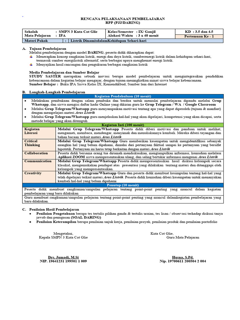 RPP 5 Daring IPA Kelas 9 Sem.1 | PDF | Karier & Perkembangan | Seni