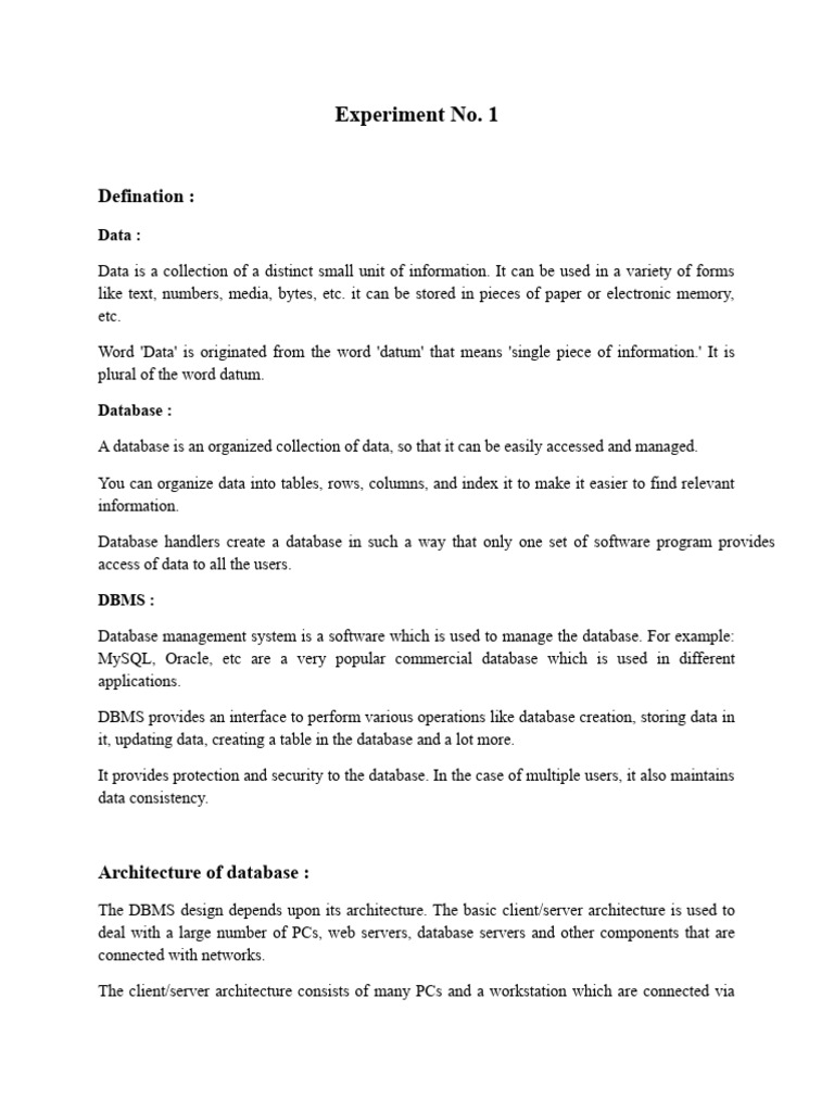 Exp 1 Dbms | PDF | Databases | Client–Server Model Exp 1 Dbms | PDF | Databases | Client–Server Model