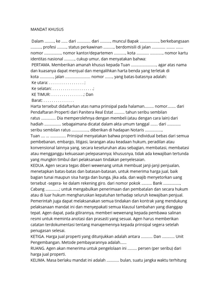 Model MANDAT KHUSUS Untuk Penjualan Properti | PDF | Hukum