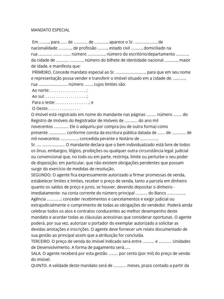 Modelo de MANDATO ESPECIAL para Venda de Imóveis | PDF