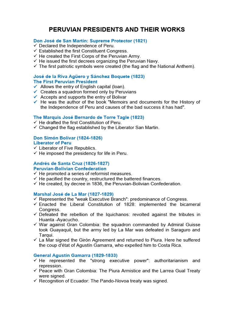 Presidents of Peru and Their Works | PDF | Peru