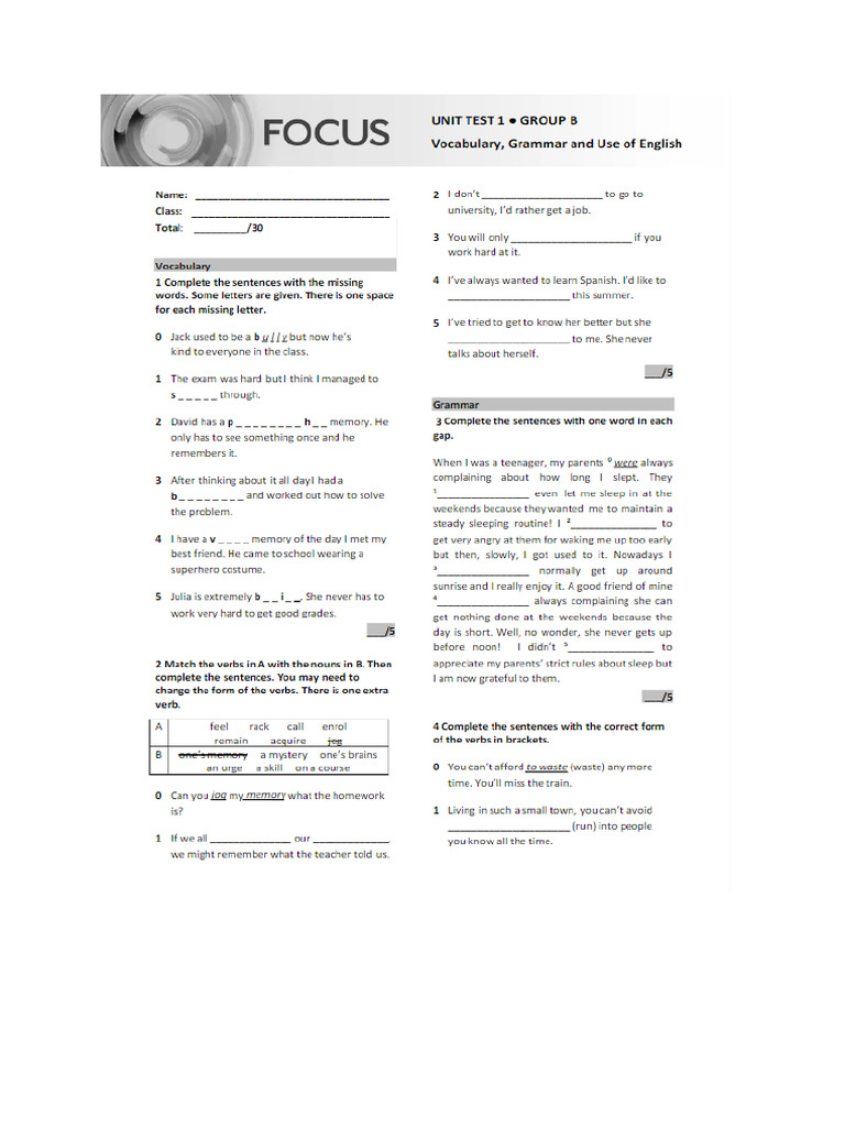 FOCUS 4 2E Unit 1 TEST | PDF