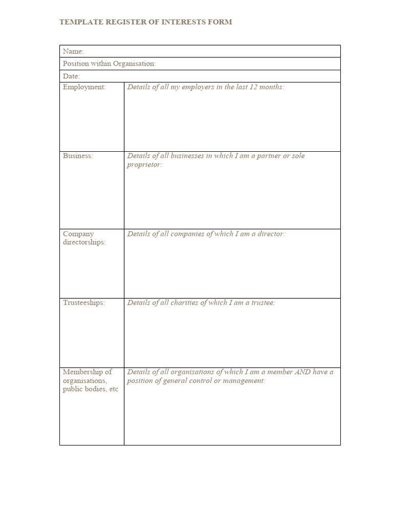 Template Register of Interests Form | PDF