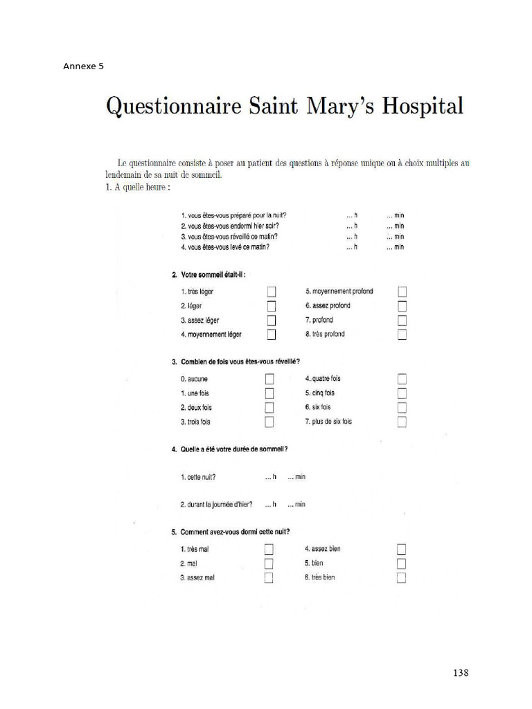 Questionnaire ST Mary Hospital Sommeil | PDF