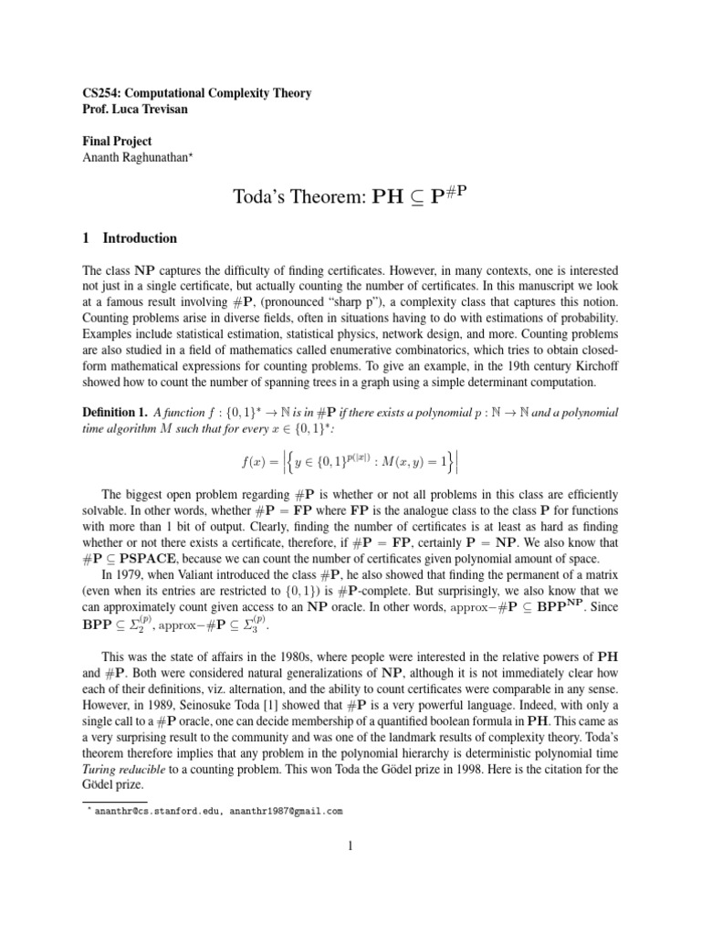 Toda Theorem | PDF | Time Complexity | Computational Complexity Theory