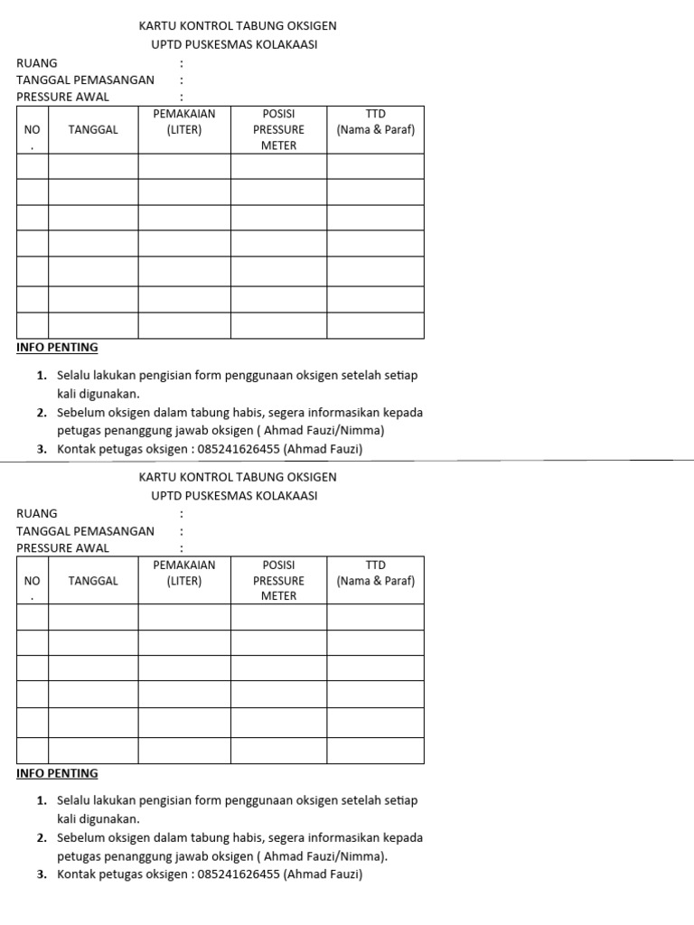 Kartu Kontrol Tabung Oksigen | PDF