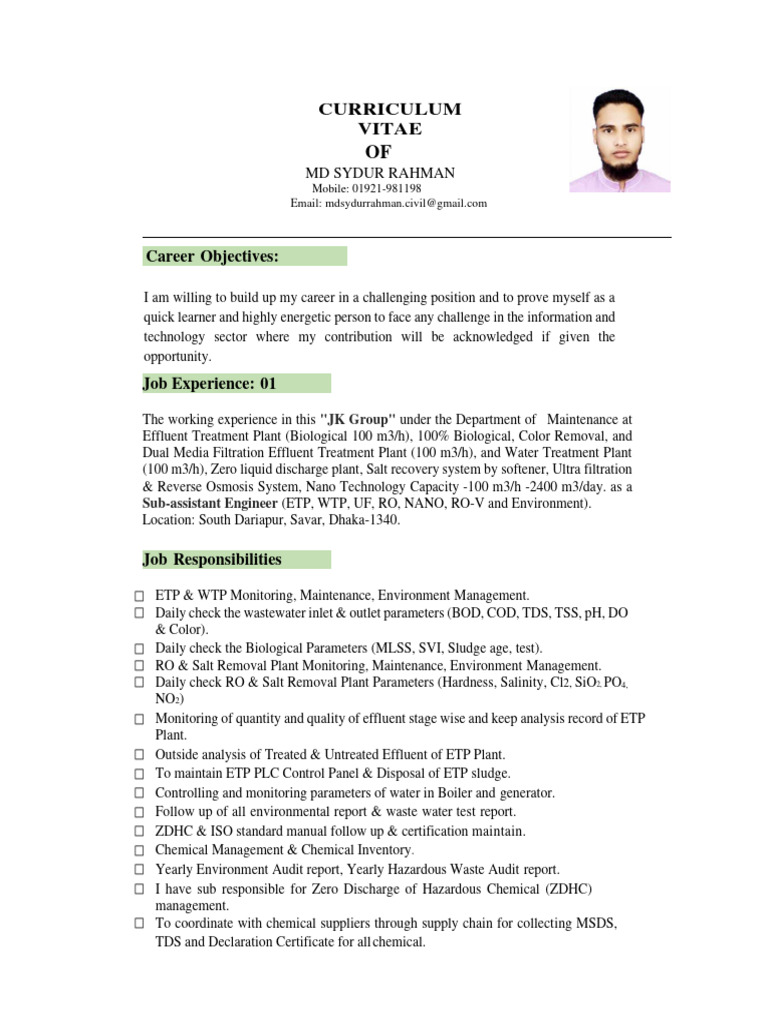 MD - Sydur Rahman (CV) 2 1 | PDF | Sewage Treatment | Water Treatment